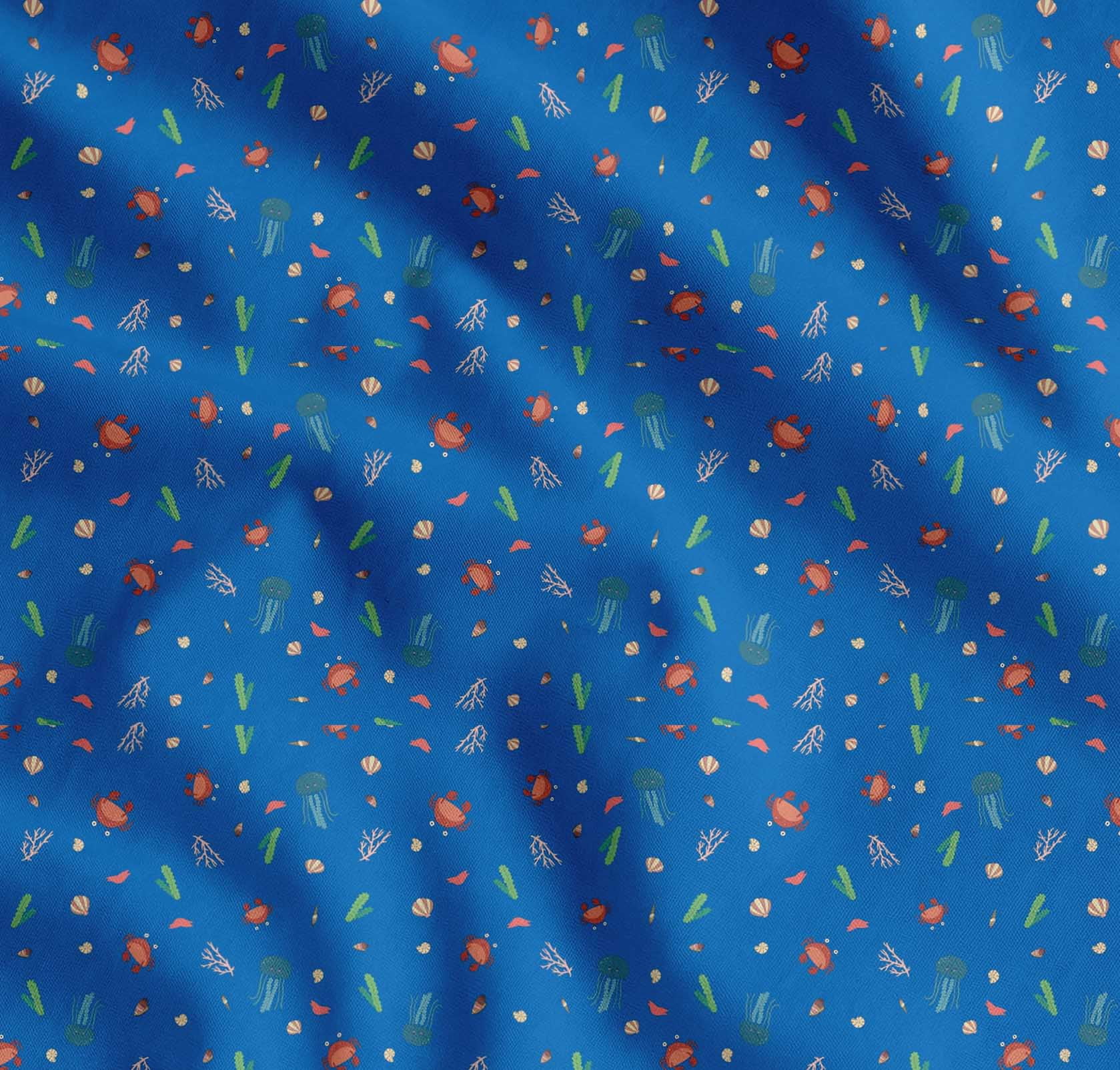 Soimoi Blue Cotton Poplin Fabric Crab & Jellyfish Ocean Print Fabric by ...