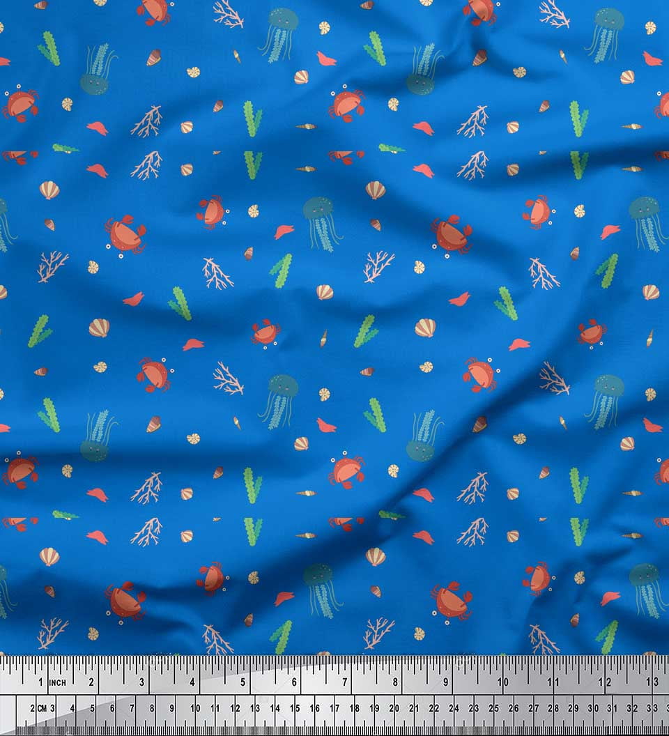 Soimoi Blue Cotton Poplin Fabric Crab & Jellyfish Ocean Print Fabric by ...