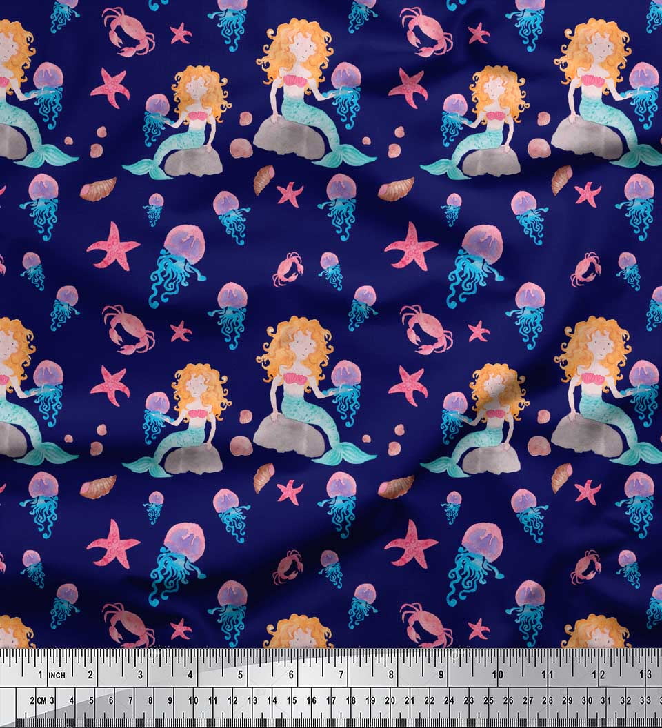 Soimoi Blue Cotton Poplin Fabric Mermaid & Starfish Ocean Print Sewing ...