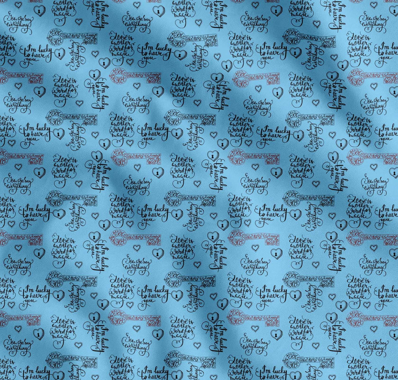 Soimoi Blue Cotton Voile Fabric Positive Quotes & Heart Text Printed ...