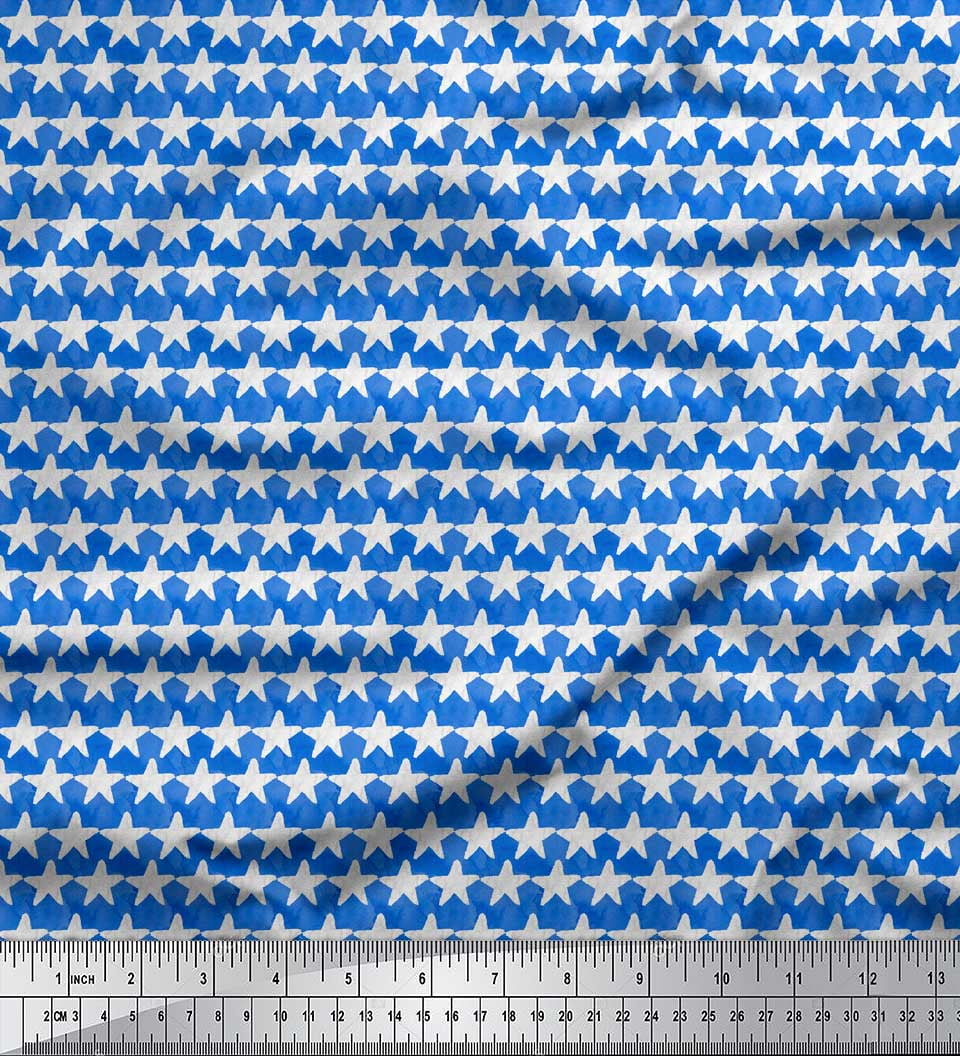 Soimoi Blue Cotton Voile Fabric Texture & White Star Print Fabric by ...
