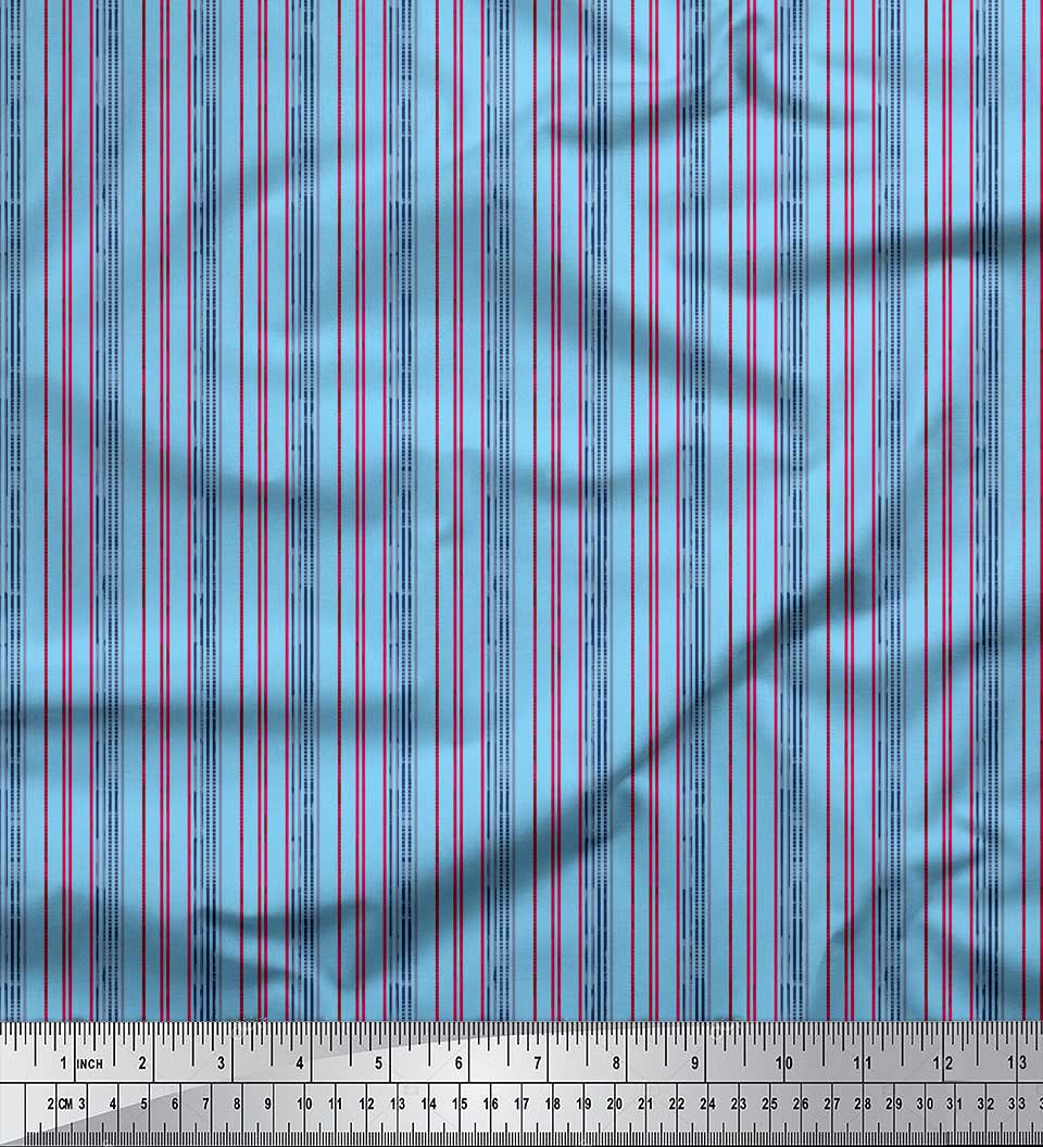 Soimoi Blue Cotton Voile Fabric Vertical Stripe Print Fabric by the ...