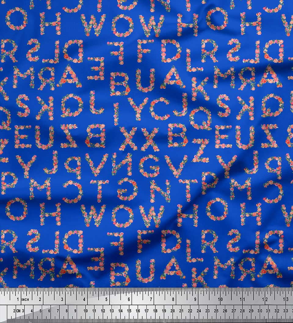 Soimoi Blue Japan Crepe Satin Fabric Floral Alphabet Text Print Fabric ...
