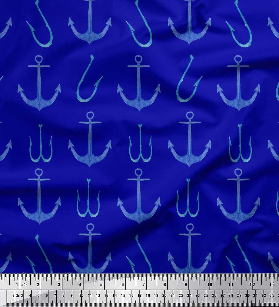 Soimoi Blue Poly Georgette Fabric Anchor Hook Nautical Print Fabric by ...