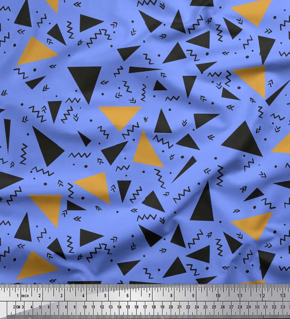Soimoi Blue Poly Georgette Fabric Dot,Zig Zag & Triangle Geometric ...