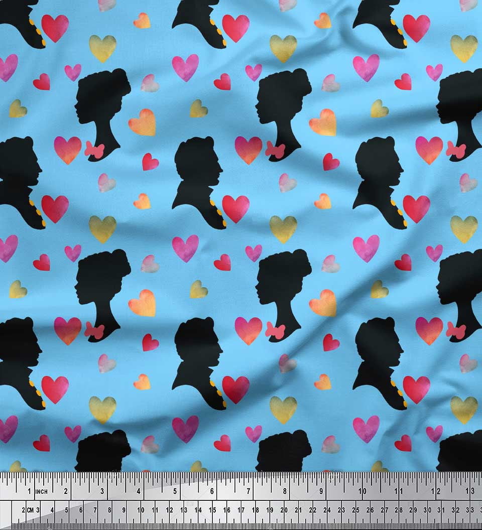 Soimoi Blue Poly Georgette Fabric Heart,Men & Women Face Human Figure ...