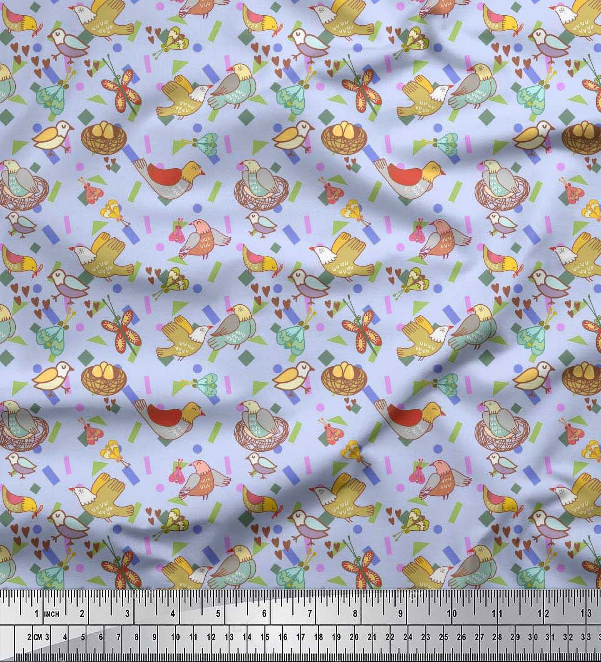 Soimoi Blue Polyester Crepe Fabric Nest,Insect & Bird Cartoon Print ...