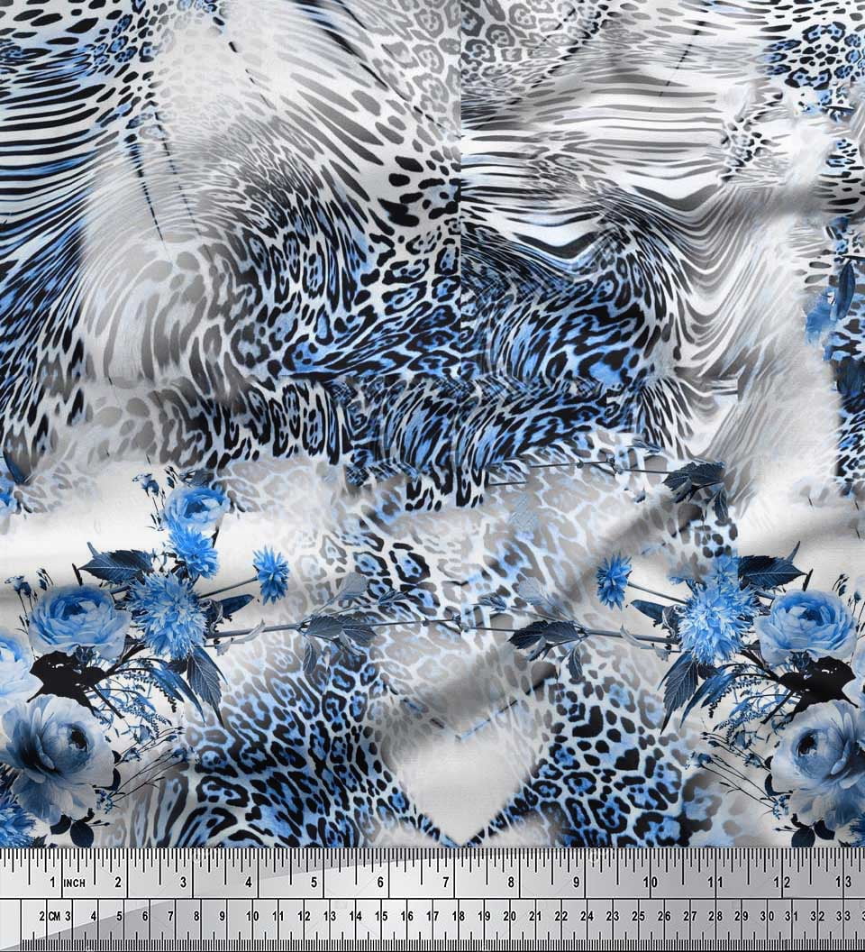 Soimoi Blue Rayon Fabric Rose,Floral & Leopard Animal Skin Print Fabric ...