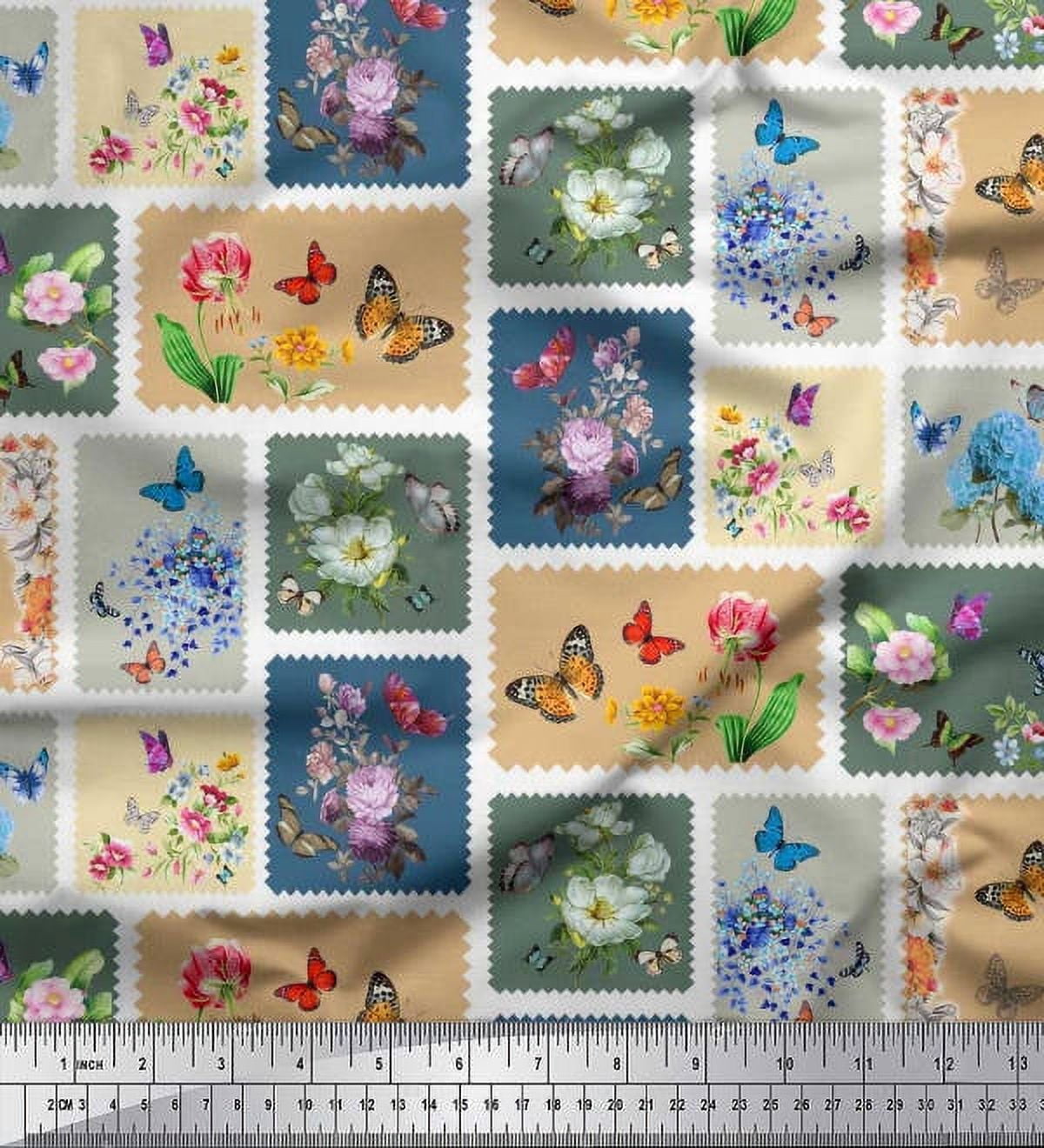 Soimoi Blue Satin Silk Fabric Floral & Insect Patchwork Print Fabric by ...