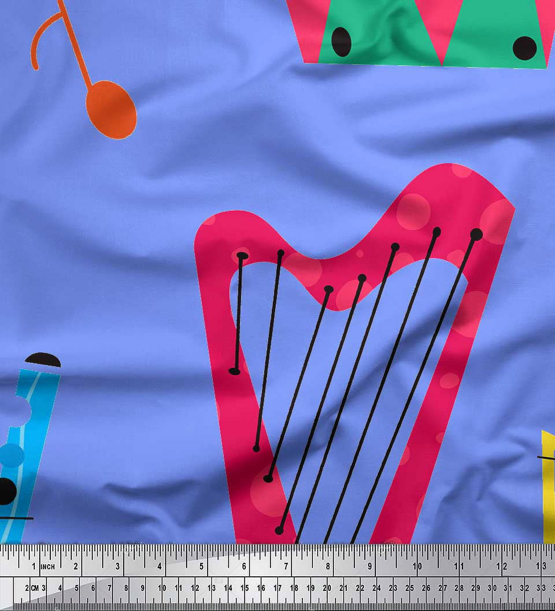 Soimoi Blue Silk Fabric Guitar & Xylophone Musical Instrument Print ...