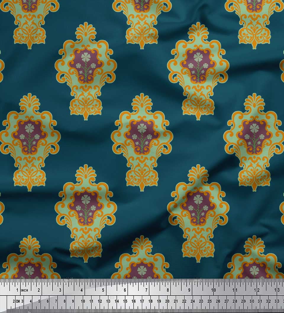 Soimoi Blue polyester Crepe Fabric Floral Damask Print Fabric by the ...