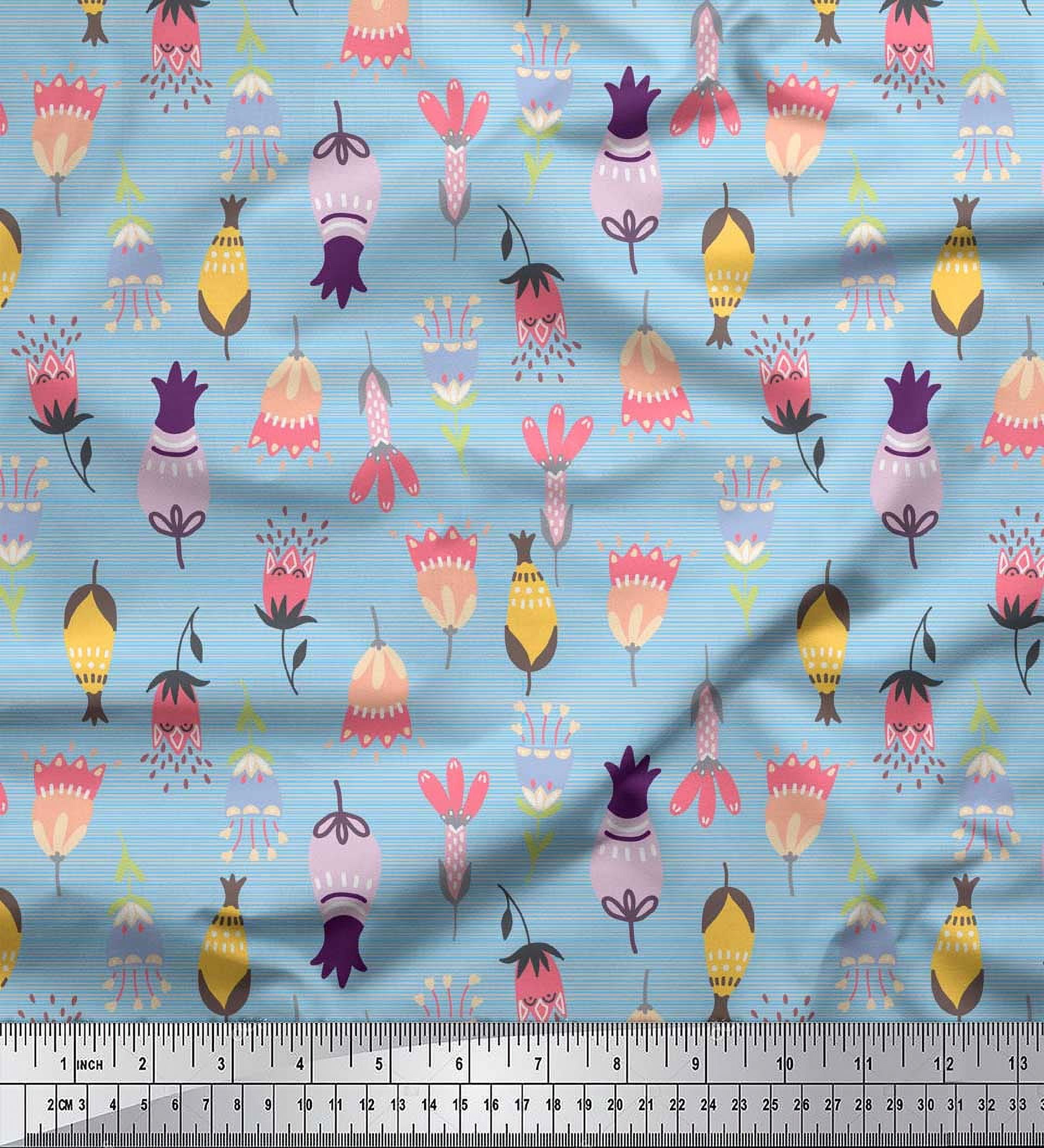 Soimoi Blue polyester Crepe Fabric Stripe & Flower Clip Art Print ...