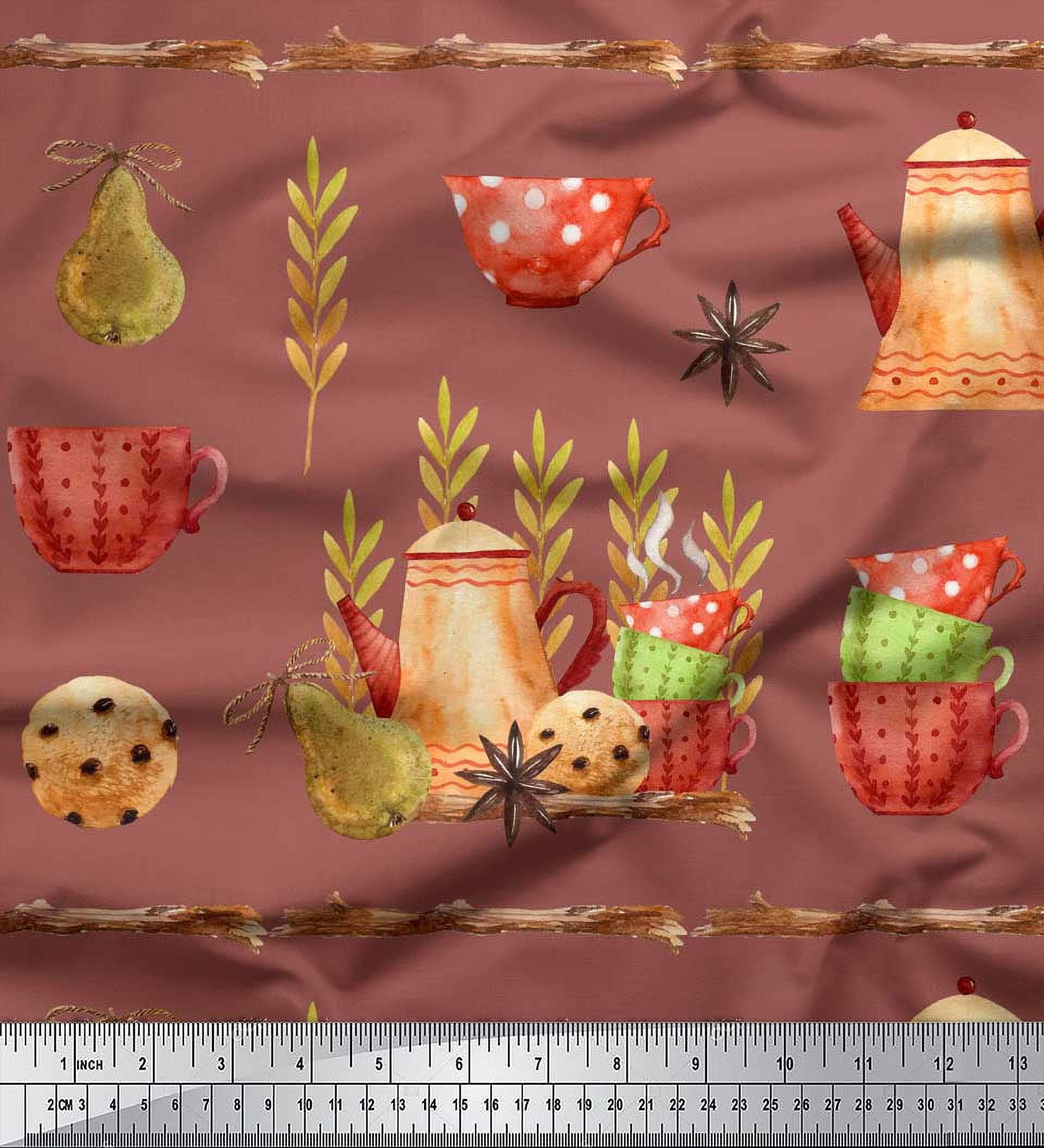Soimoi Brown Cotton Duck Fabric Kettle & Cups Kitchen Print Fabric by ...
