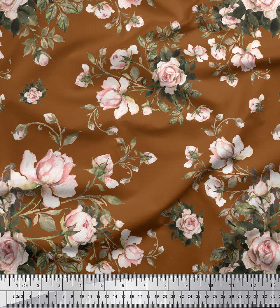 Soimoi Brown Cotton Voile Fabric Leaves & Rose Floral Print Sewing ...