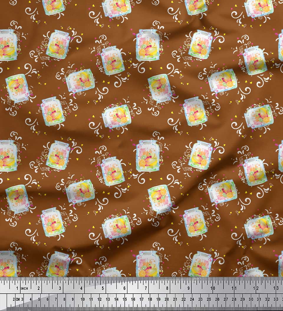 Soimoi Brown Japan Crepe Satin Fabric Swirl & Fruit Jar Kitchen Print ...