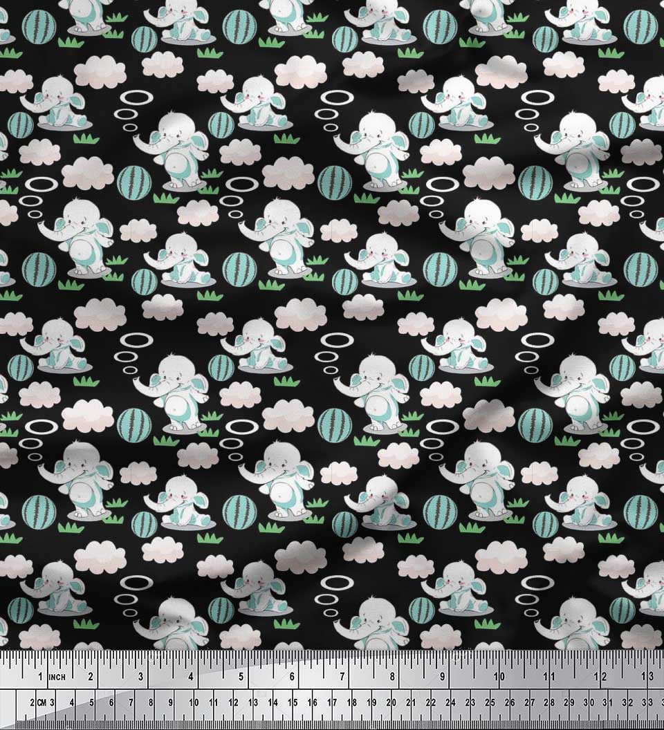 Soimoi Cotton Cambric Fabric Cloud,Ball & Elephant Kids Print Fabric by ...