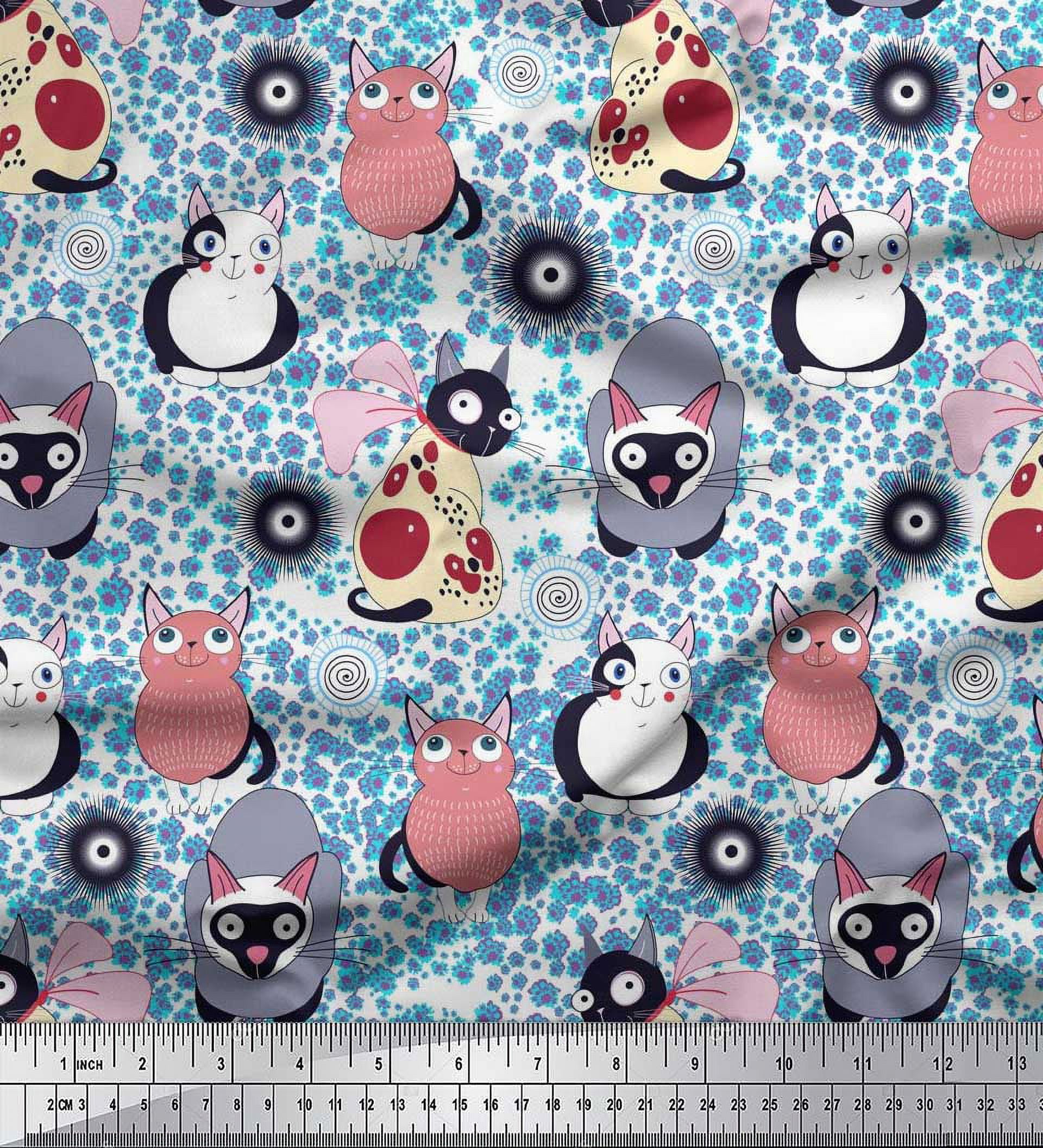 Soimoi Cotton Duck Fabric Spiral,Floral & Cat Cartoon Print Fabric by ...