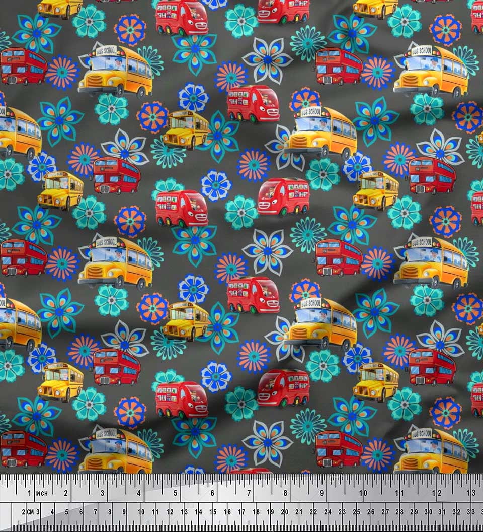 Soimoi Cotton Poplin Fabric Artistic Floral & School Bus Kids Print ...