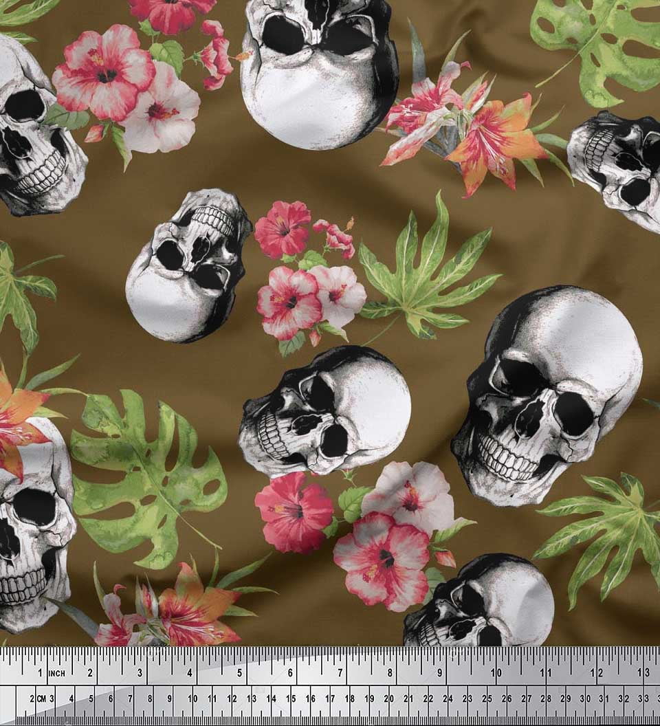 Soimoi Cotton Poplin Fabric Monstera Leaves,Floral & Horror Skull ...