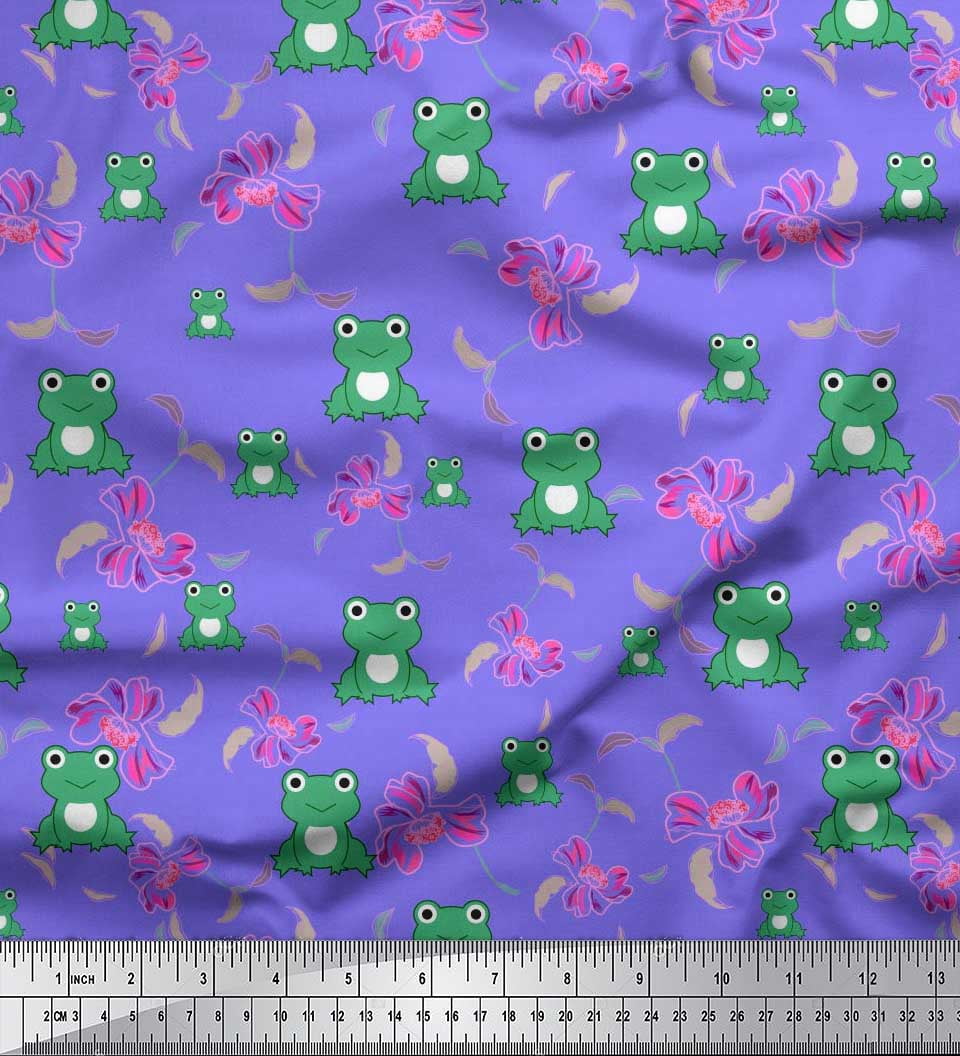 Soimoi Crepe Silk Fabric Floral & Frog Cartoon Print Fabric by The Yard ...