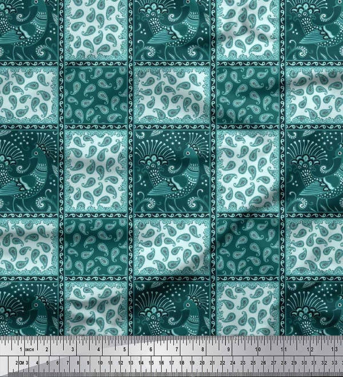 Soimoi Crepe Silk Fabric Peacock,Check & Paisley Patchwork Print Fabric by Yard 42 Inch Wide ...