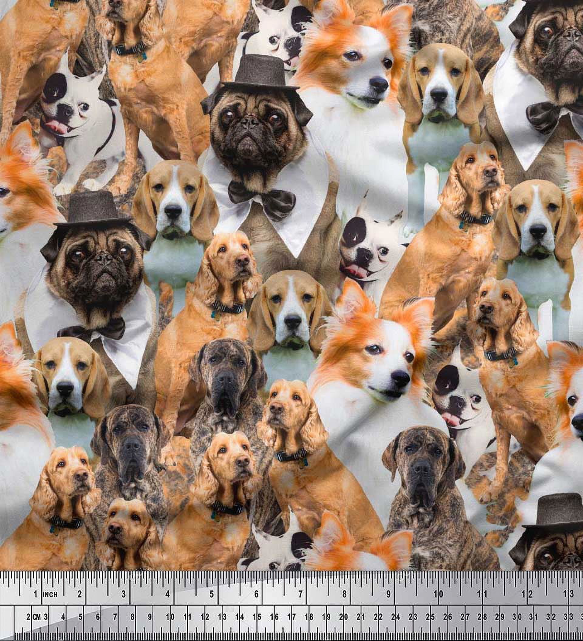 Soimoi Crepe Silk Fabric Pug,Beagle & English Cocker Spaniel Dog Scene ...