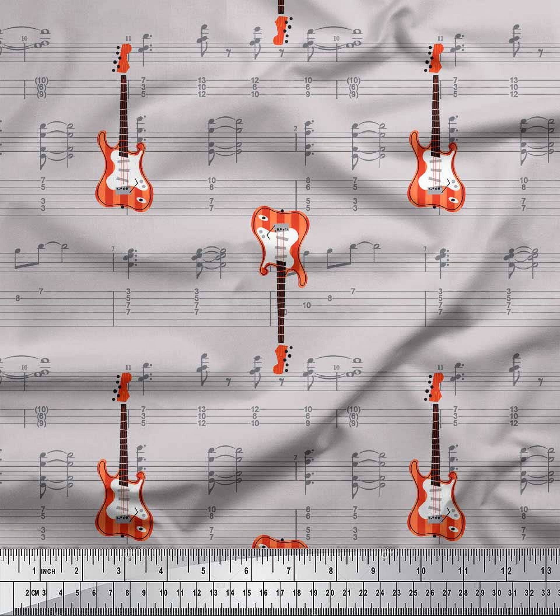 Soimoi Gray Cotton Cambric Fabric Notes & Guitar Musical Instrument ...