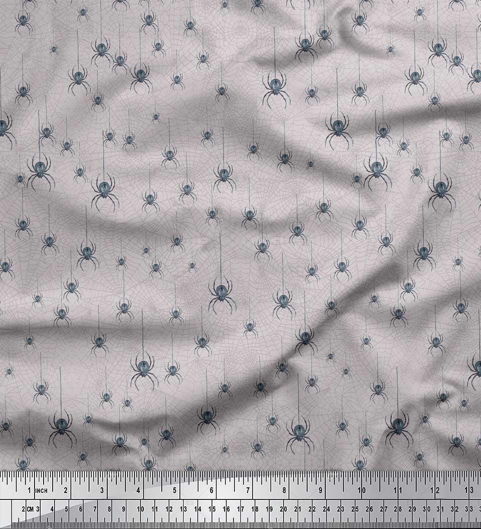 Soimoi Gray Cotton Poplin Fabric Web & Spider Insect Fabric Prints By ...
