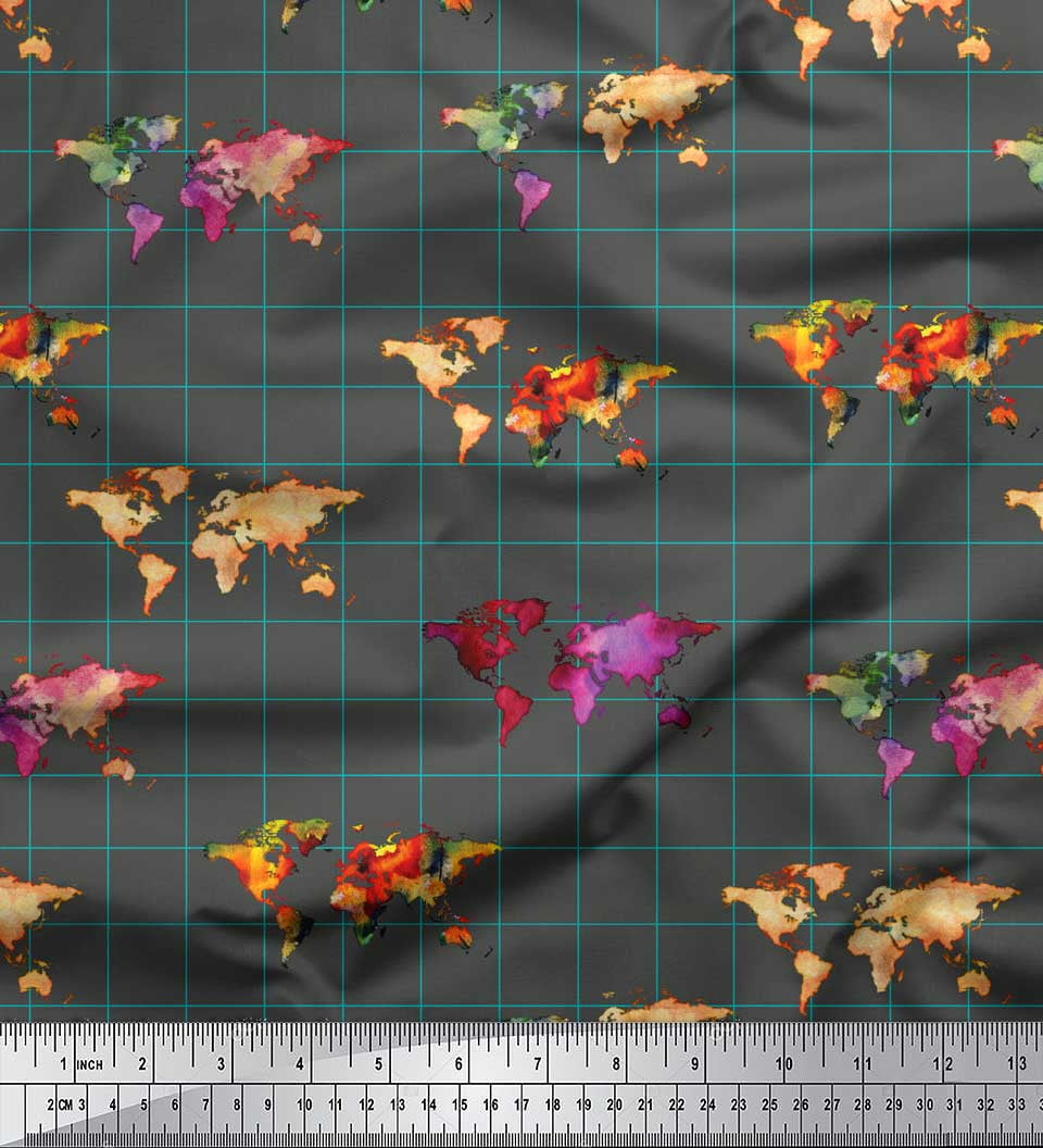 Soimoi Gray Poly Georgette Fabric Check & World Map Print Fabric by the ...