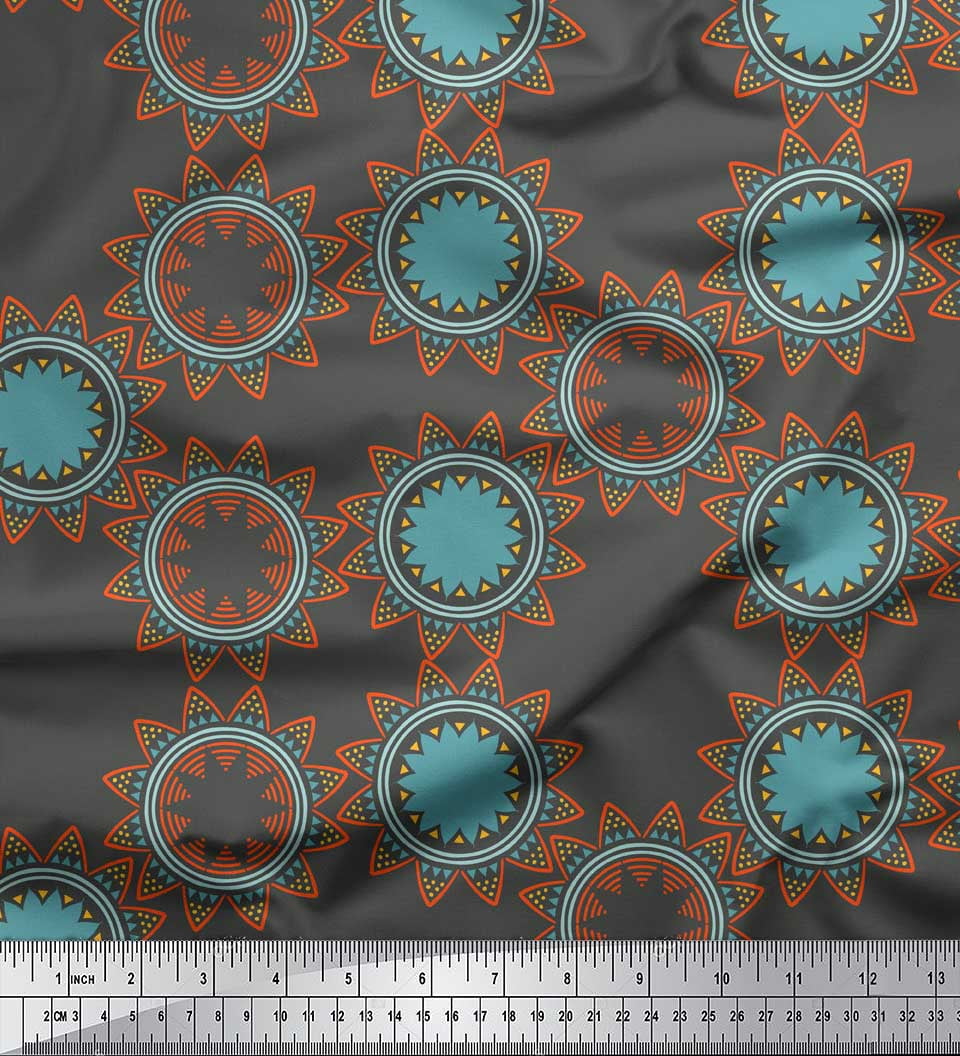 Soimoi Gray Rayon Crepe Fabric Sun Mandala Print Fabric by the Yard 46 ...