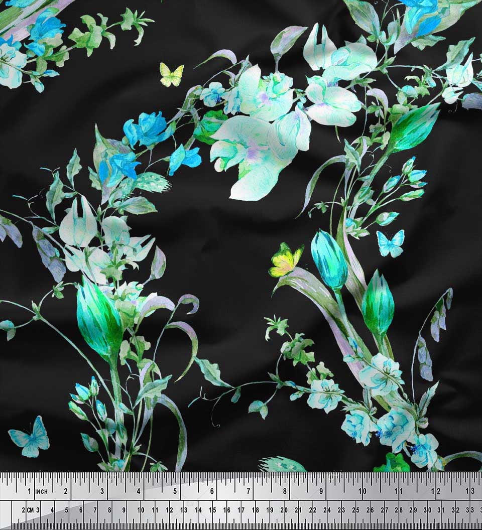 Soimoi Green Cotton Duck Fabric Insect & Wild Flower Print Fabric by ...