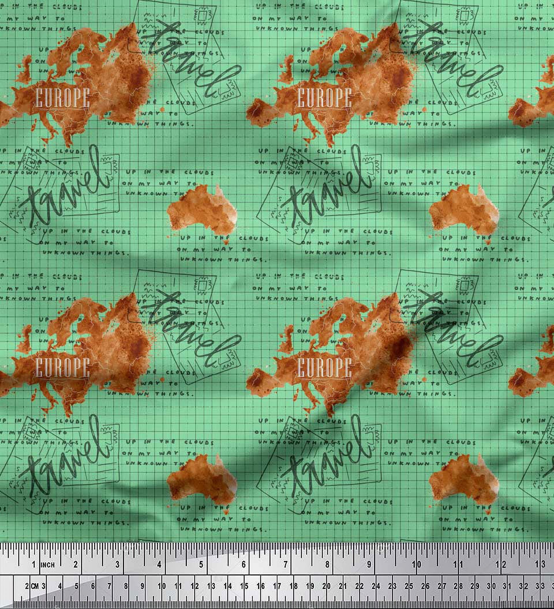 Soimoi Green Cotton Duck Fabric Text & Europe Map Travel Print Fabric ...