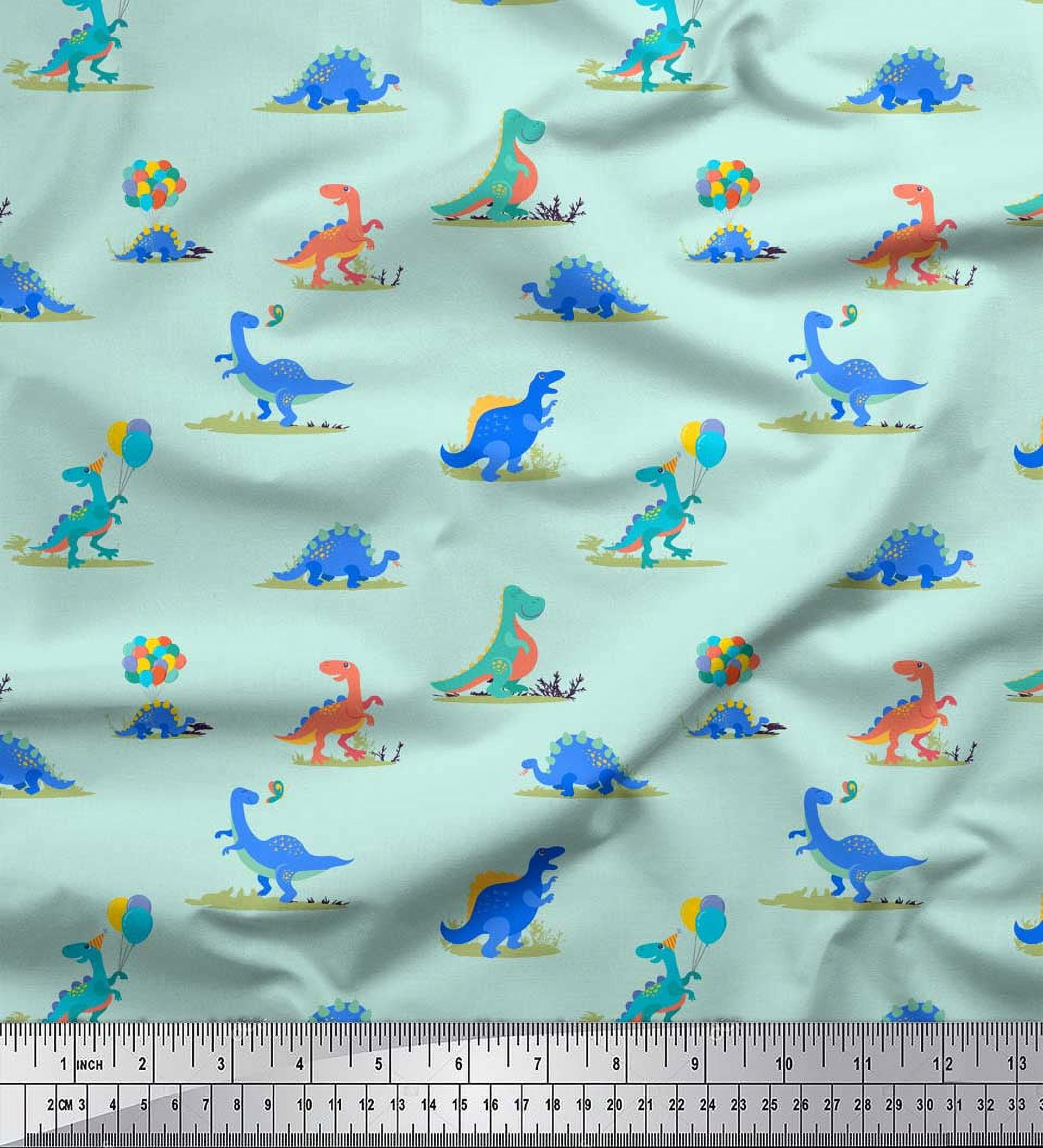 Soimoi Green Cotton Jersey Fabric Balloon & Dinosaur Kids Print Fabric ...
