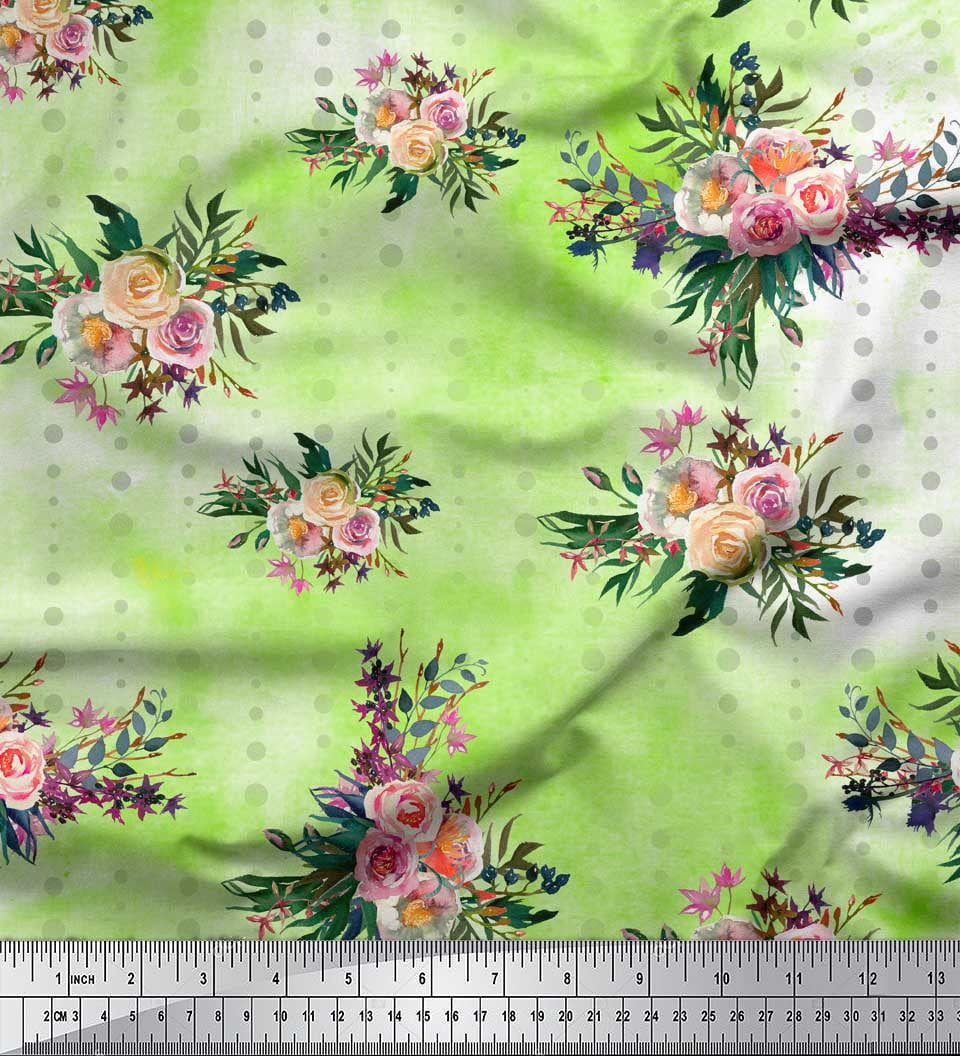 Soimoi Green Cotton Poplin Fabric Leaves & Begonia Floral Print Sewing ...