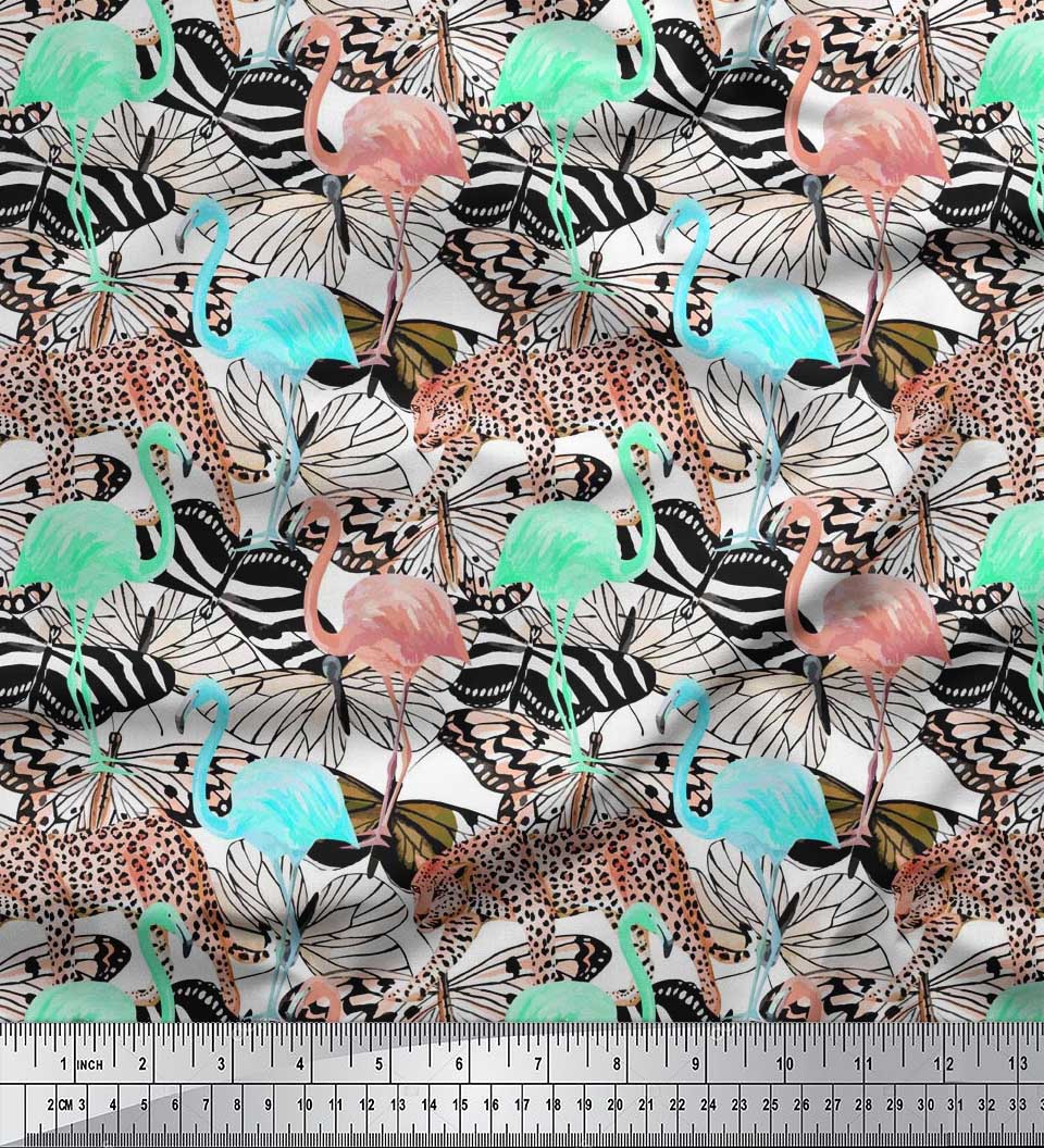 Soimoi Green Cotton Poplin Fabric Leopard,Insect & Flamingo Bird Print ...
