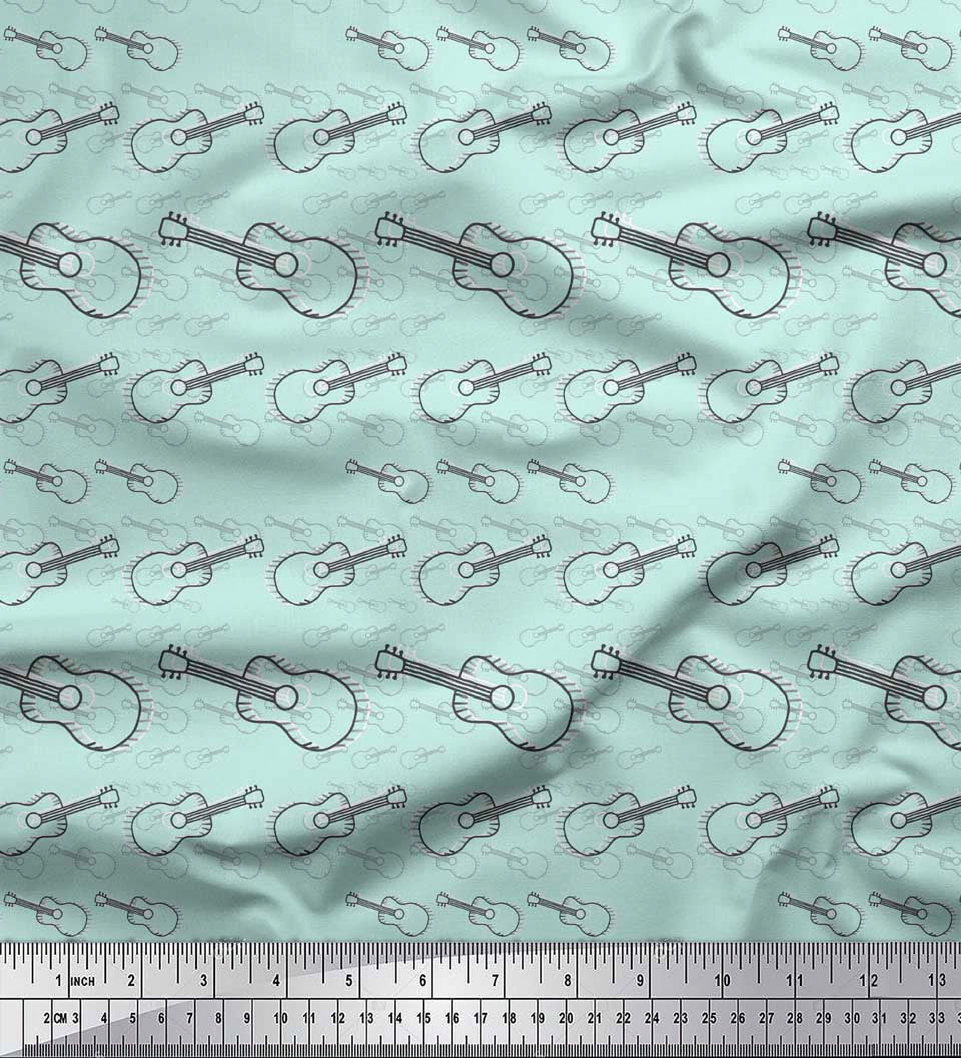 Soimoi Green Cotton Voile Fabric Sketch Guitar Musical Instrument Print ...