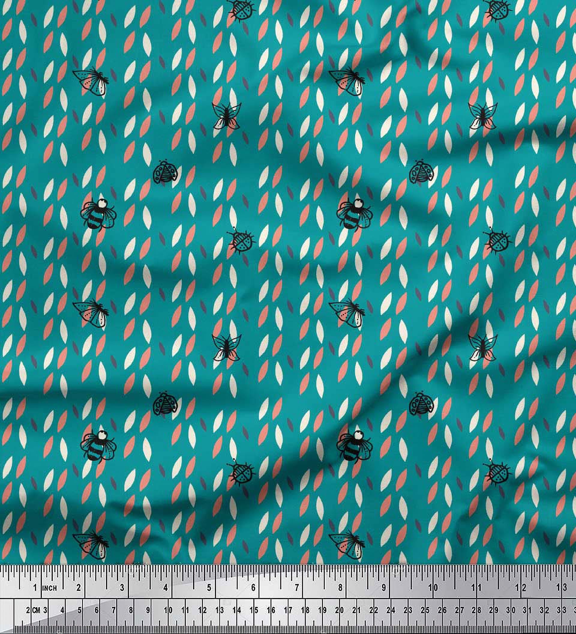 Soimoi Green Japan Crepe Satin Fabric Bee & Lady Bird Insect Print ...