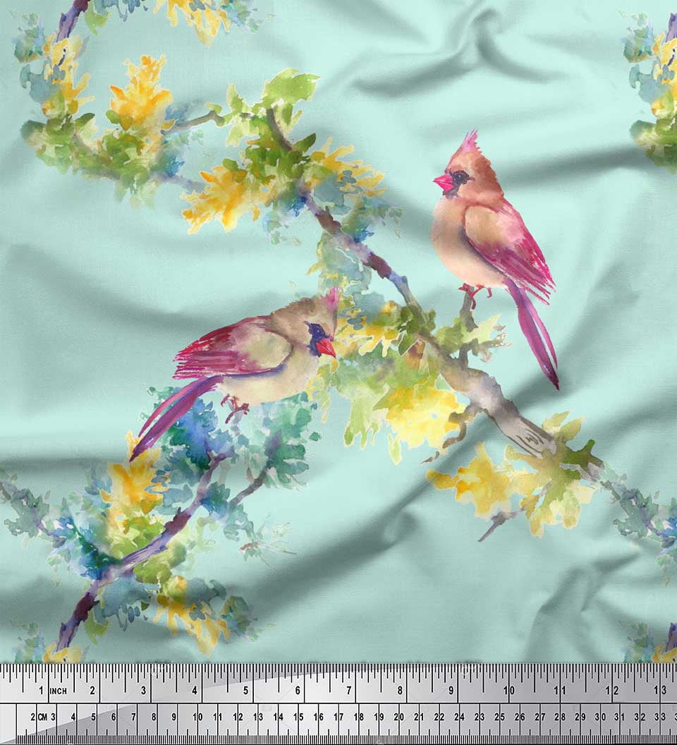 Soimoi Green Moss Georgette Fabric Bulbul Bird Printed Fabric 1 Yard 44 ...