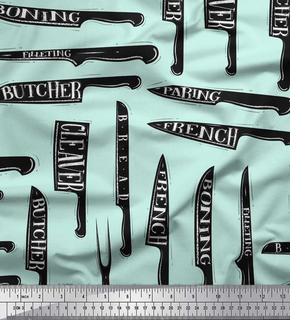Soimoi Green Rayon Crepe Fabric Text & Knife Kitchen Print Fabric by ...