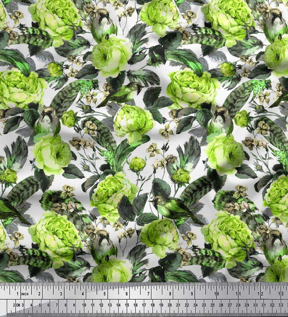 Soimoi Green Satin Silk Fabric American Robin,Leaves & Floral Print ...