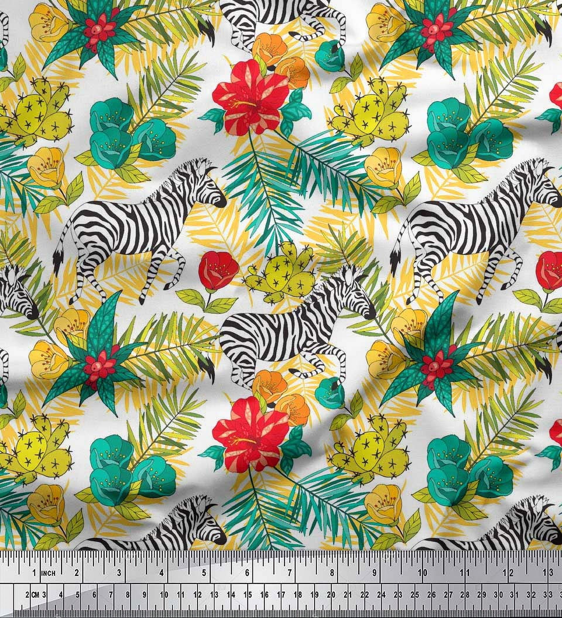 Soimoi Green Silk Fabric Tropical Leaves & Wild Animal Print Fabric by ...