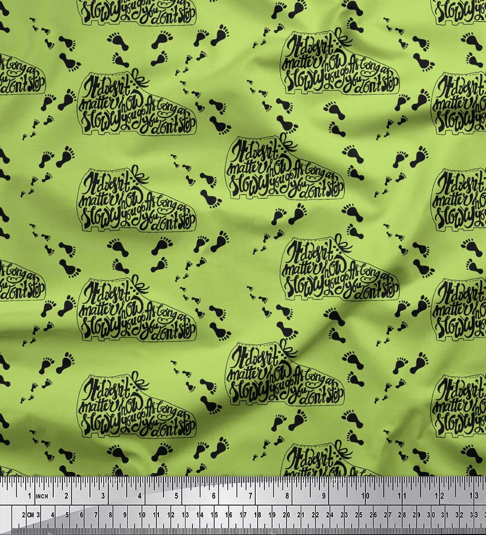 Soimoi Green polyester Crepe Fabric Foot Print & Text Print Fabric by ...