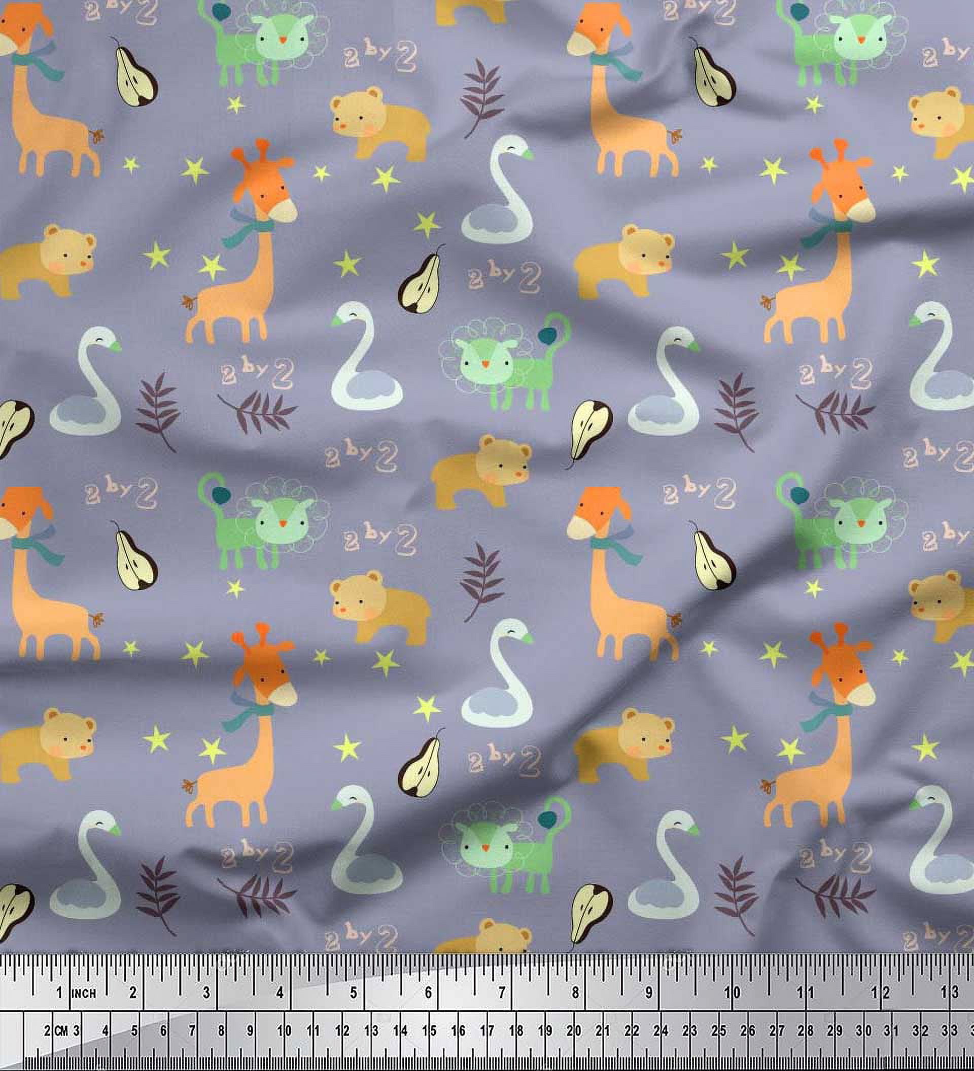 Soimoi Grey polyester Crepe Fabric Leaves,Star & Cute Animals Kids ...