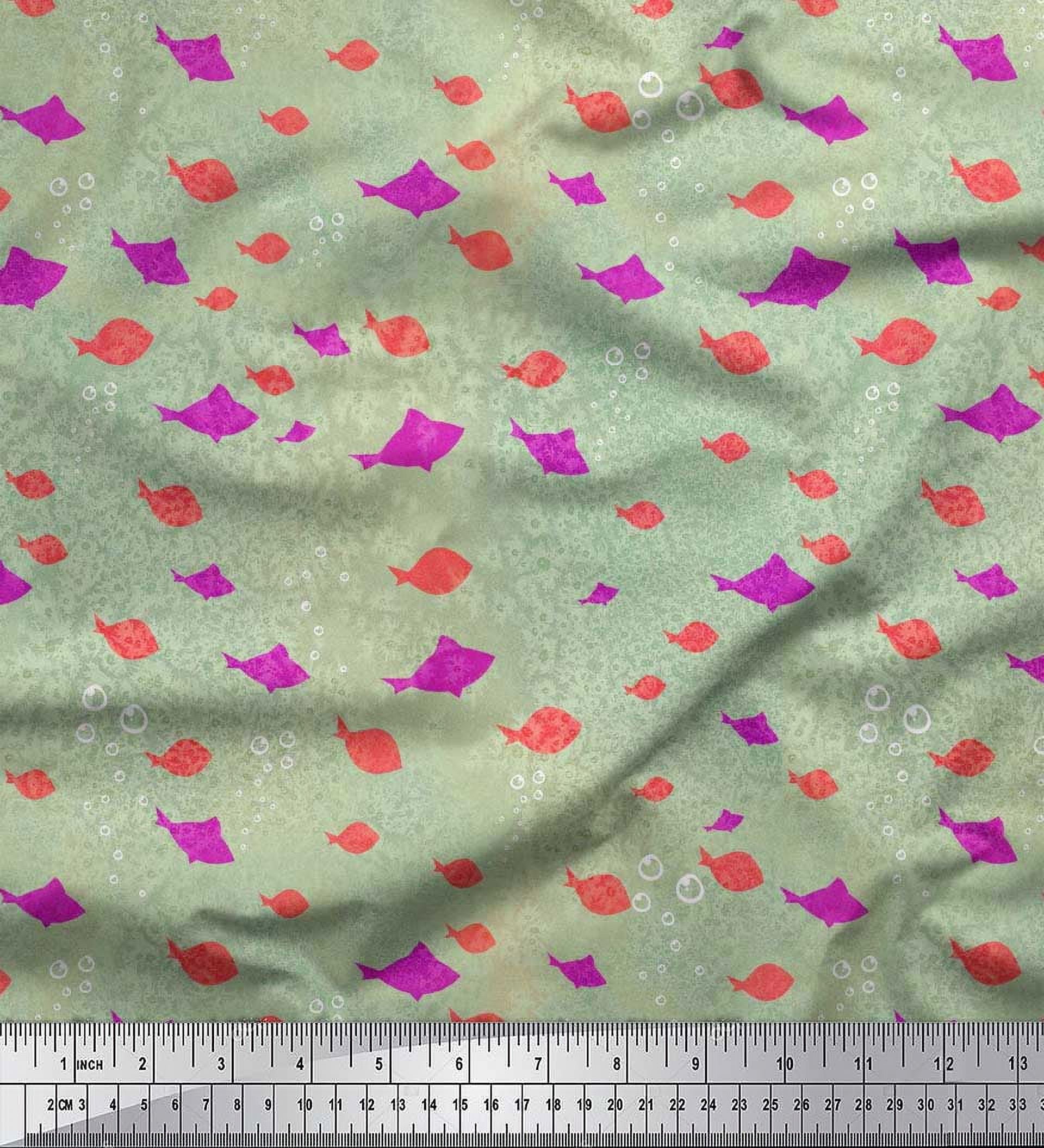 Soimoi Japan Crepe Satin Fabric Bubbles & Fish Ocean Print Fabric by ...