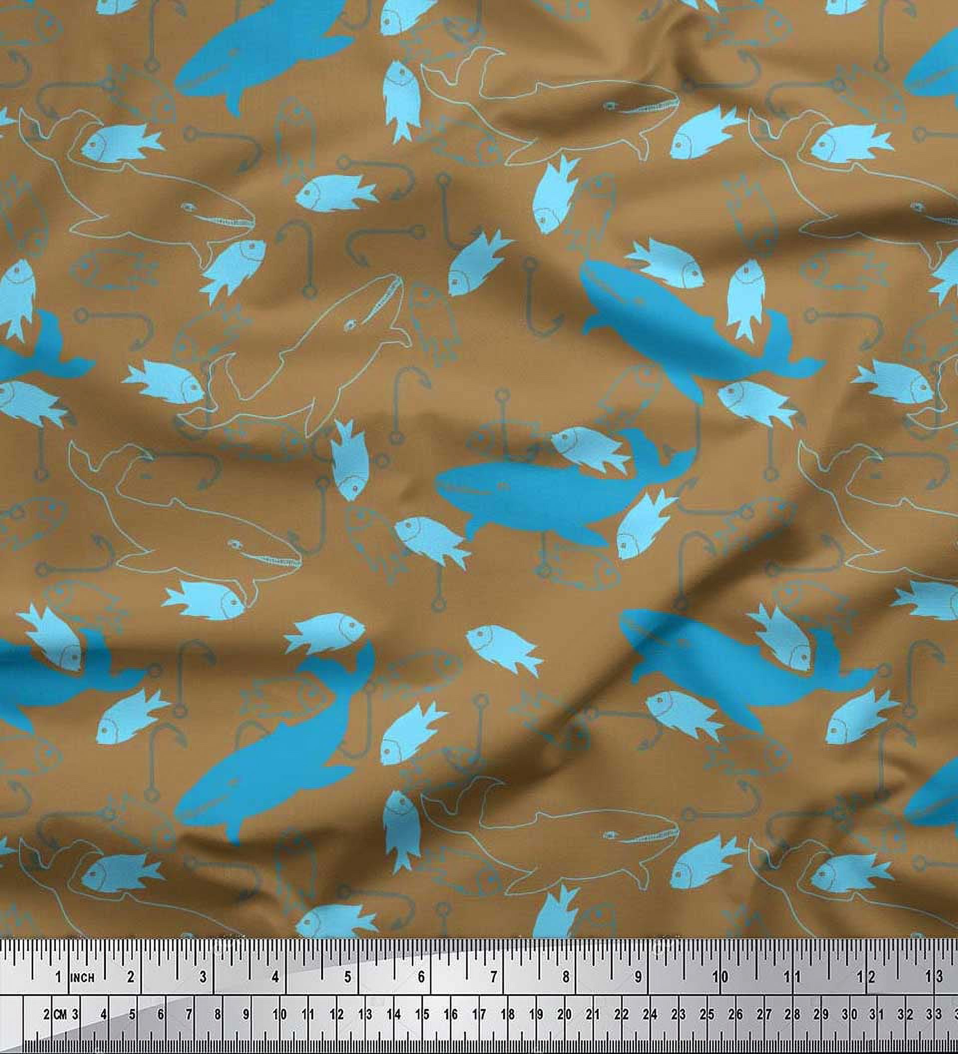 Soimoi Japan Crepe Satin Fabric Fishing Hook,Fish & Whale Ocean Print ...
