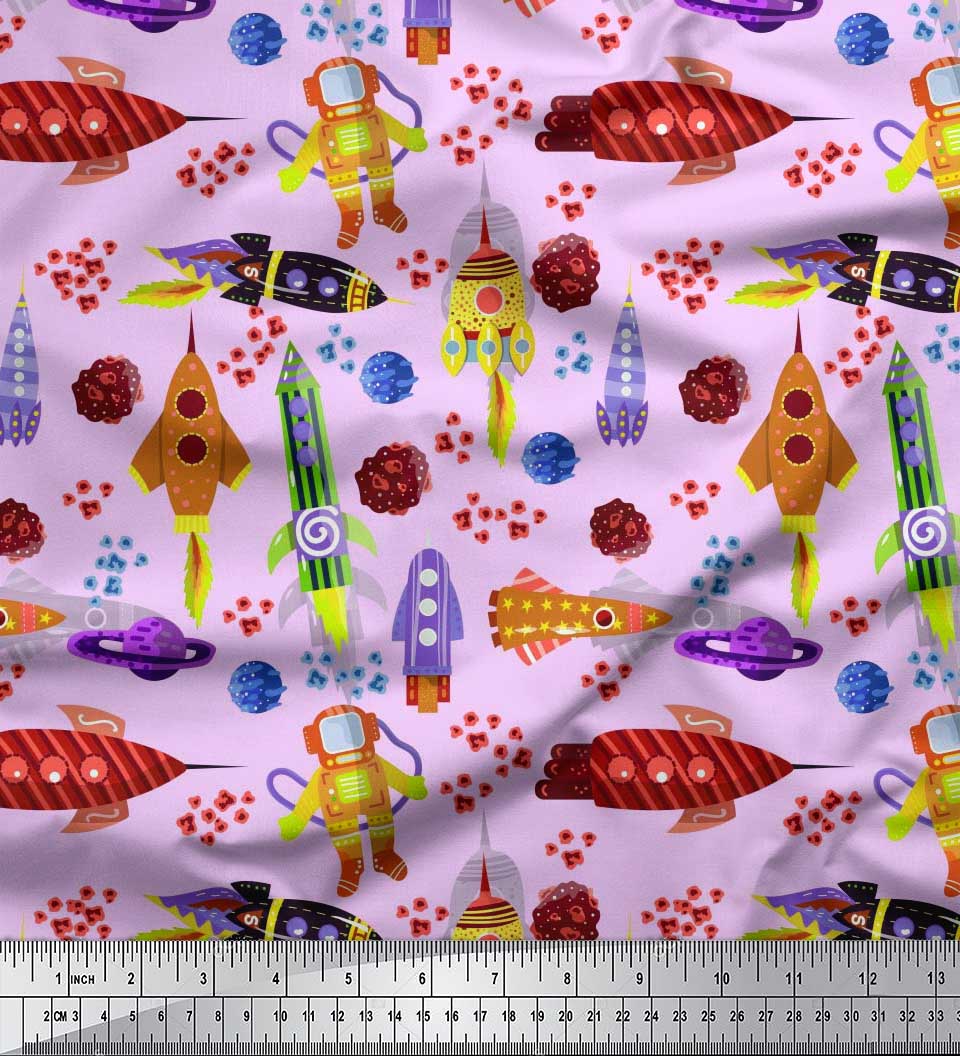 Soimoi Modal Satin Fabric Rocket,Planet & Astronaut Cartoon Printed ...