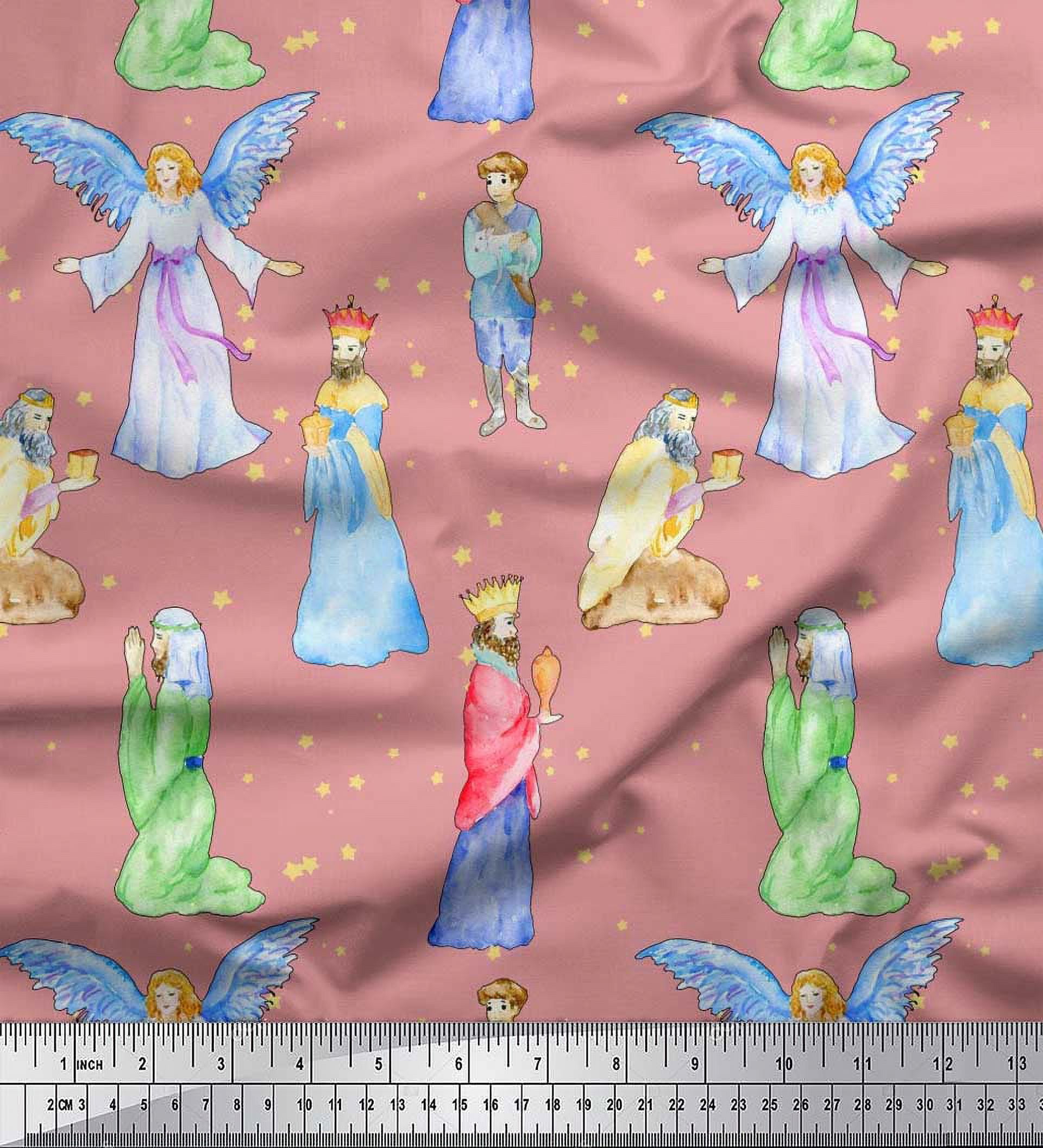 Soimoi Moss Georgette Fabric King & Angel Watercolor Print Fabric by ...