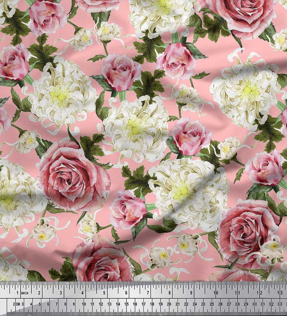 Soimoi Orange Viscose Chiffon Fabric Leaves,White Floral & Rose Flower ...