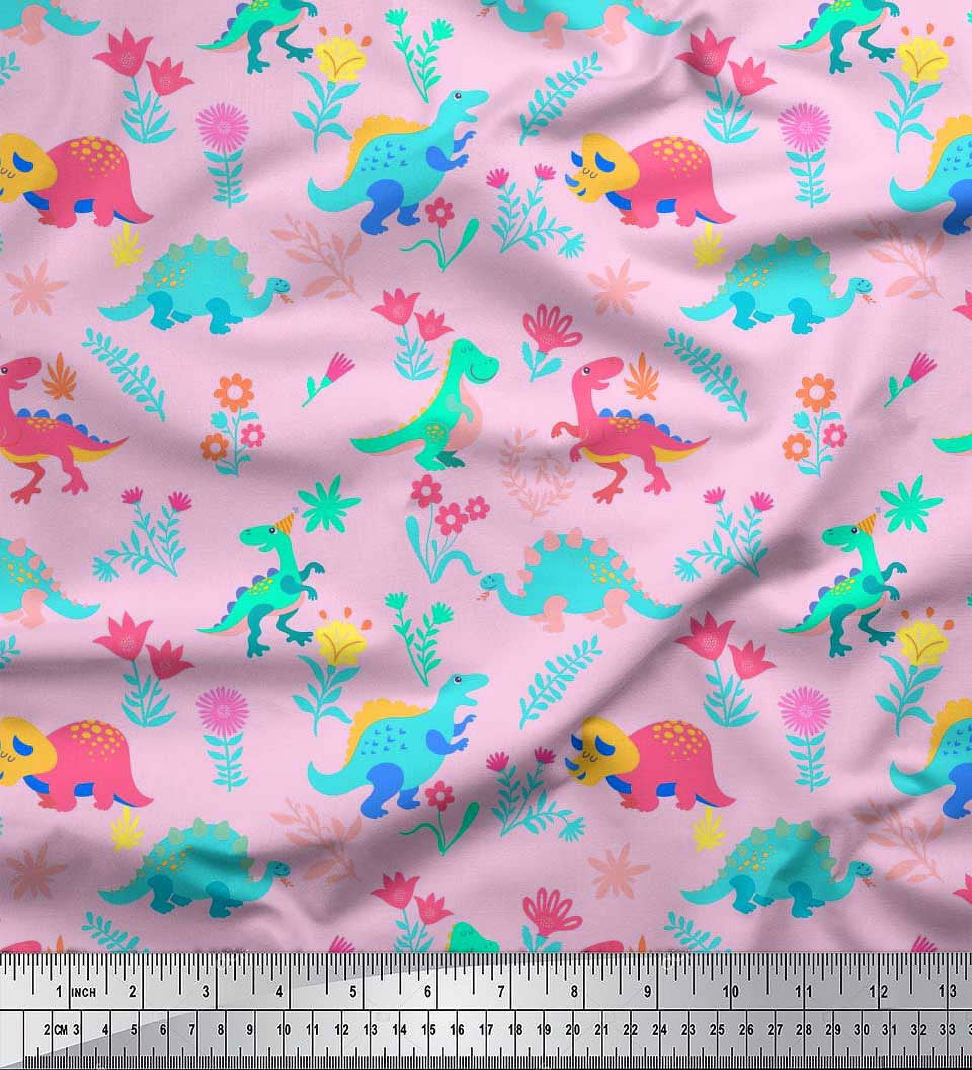 Soimoi Pink Cotton Duck Fabric Aster Flower & Dinosaur Kids Print ...