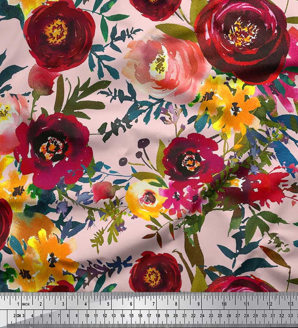 Soimoi Pink Japan Crepe Satin Fabric Leaves & Pink Floral Print Fabric ...